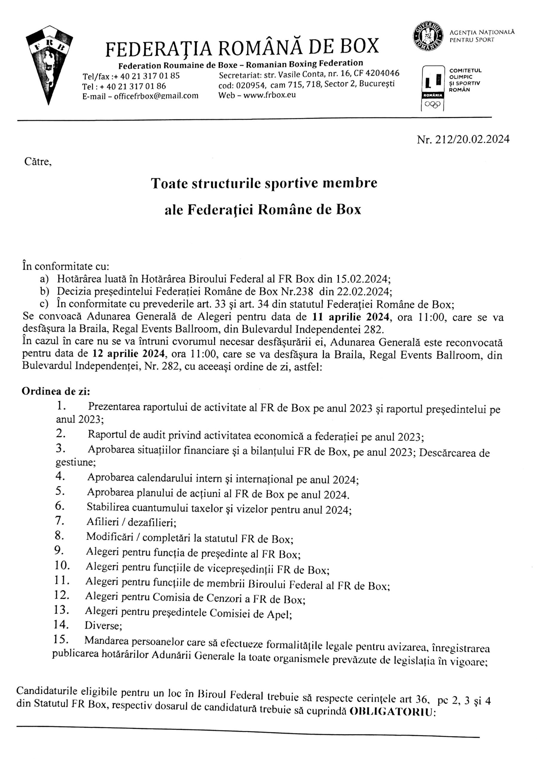ANUNȚ. Convocare Adunare Generală Ordinară și de Alegeri 11/12 aprilie ...